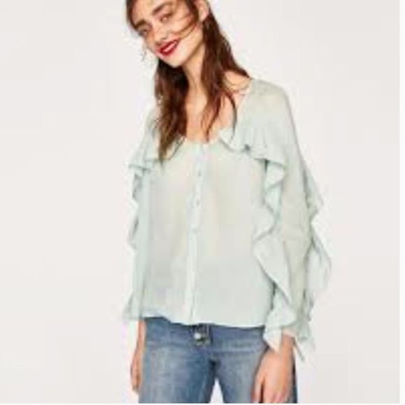 Zara | Tops | Zara Pistachio Mint Ruffle Blouse | Poshmark
